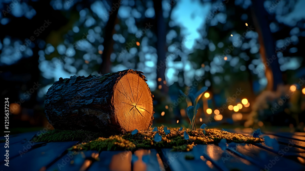 Glowing log on mossy wood, small plants sprout, nighttime forest scene ...
