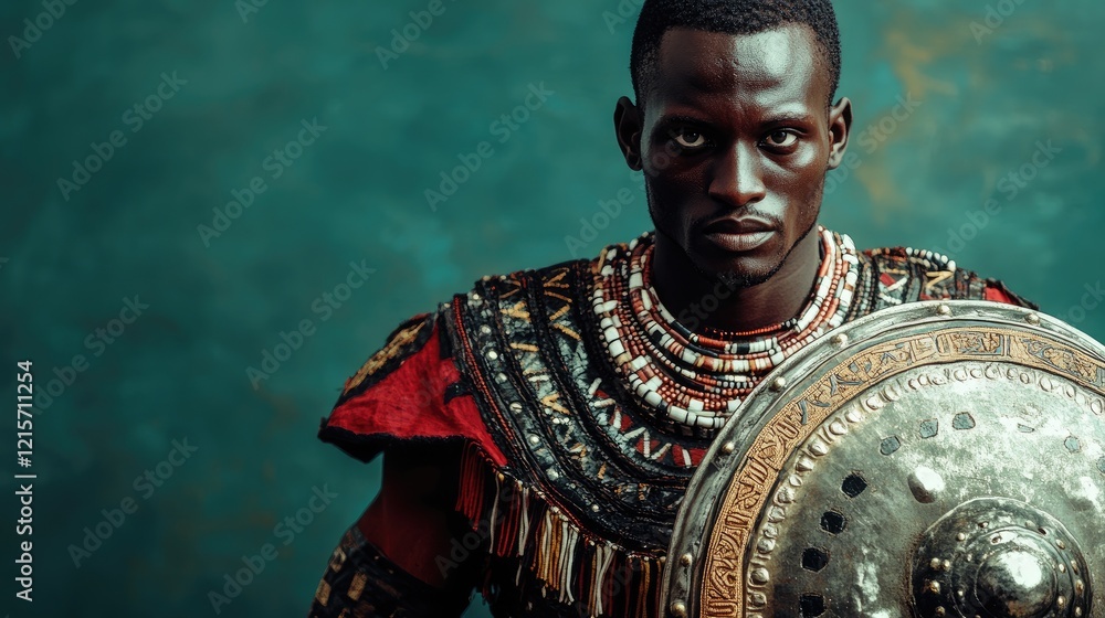 African warrior in traditional armor and shield posing with vibrant ...