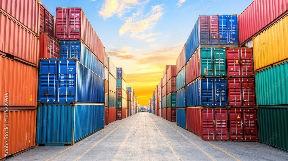 Colorful Shipping Containers Stacked at a Port Against a Bright Sunrise ...