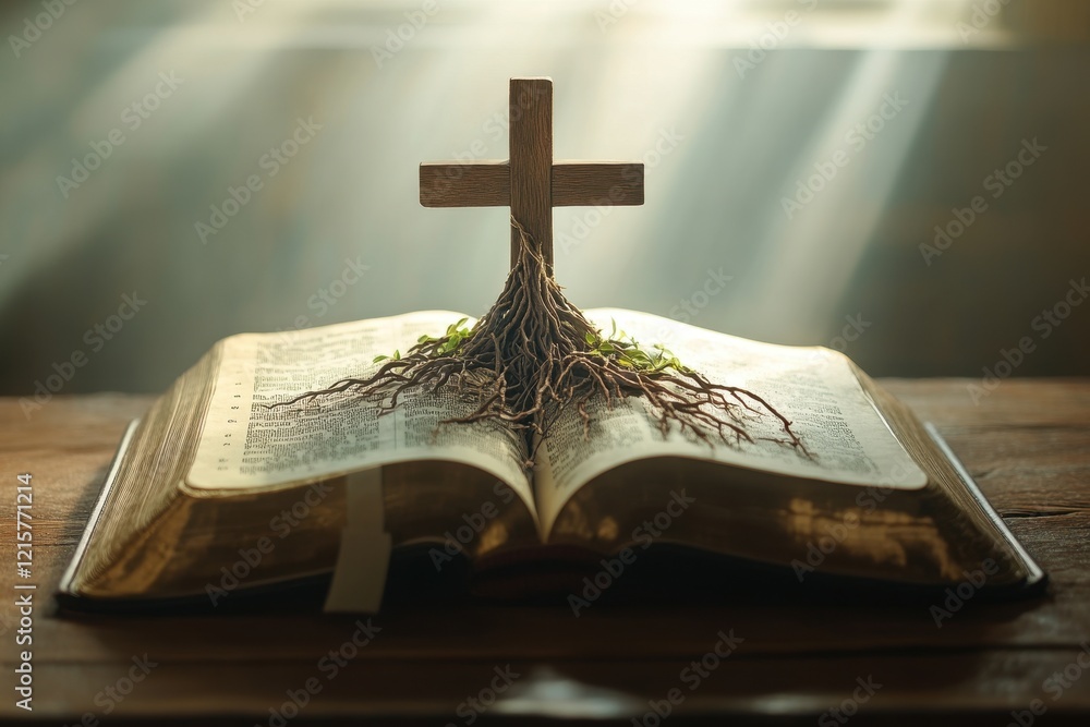 Wooden cross rooted in open Bible, bathed in light. Illustrates faith's ...