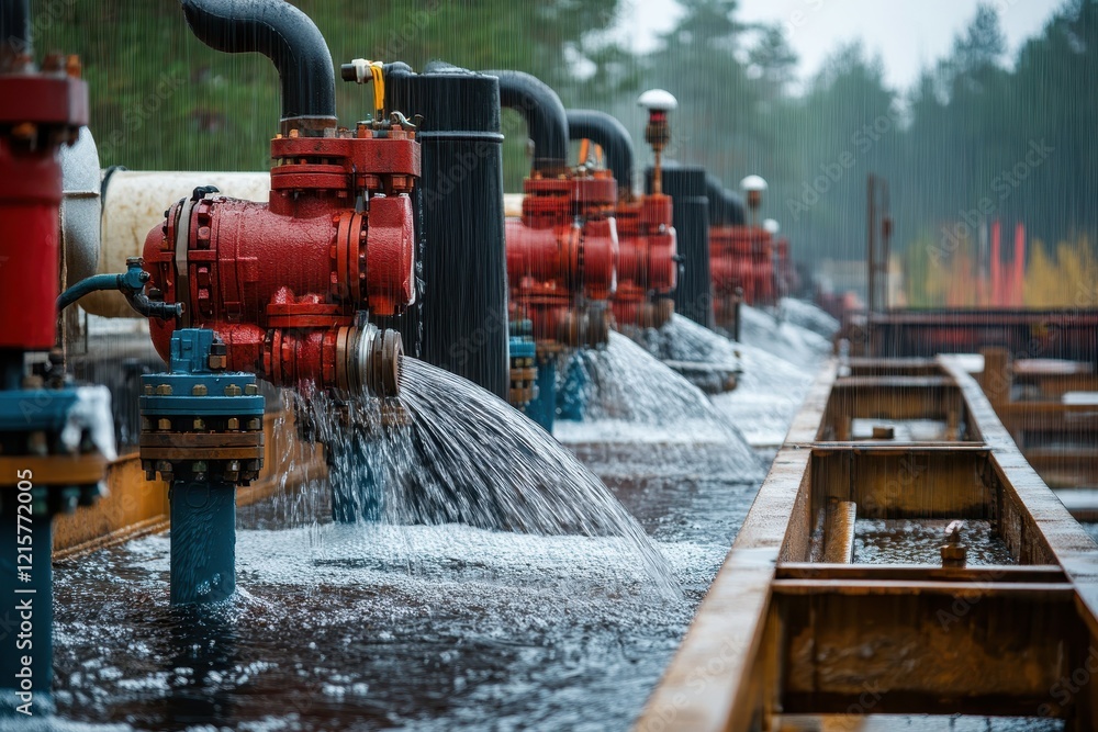 Industrial water discharge system in the rain. Shows efficient and ...