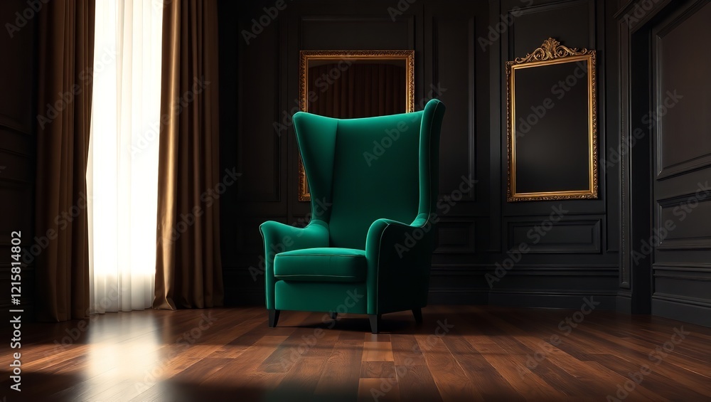 Elegant Emerald Green Velvet Wingback Chair in Luxurious Dark Room ...