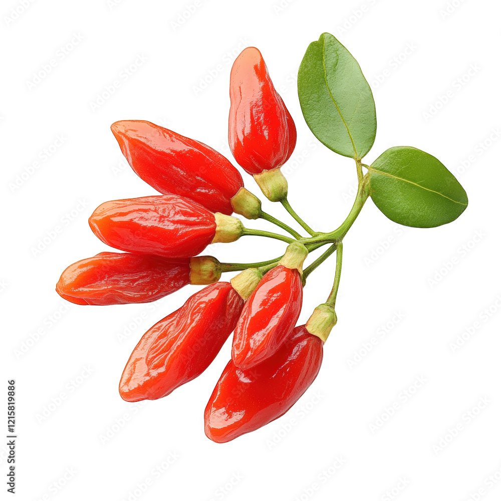 cluster of vibrant red goji berries attached to green leaves ...