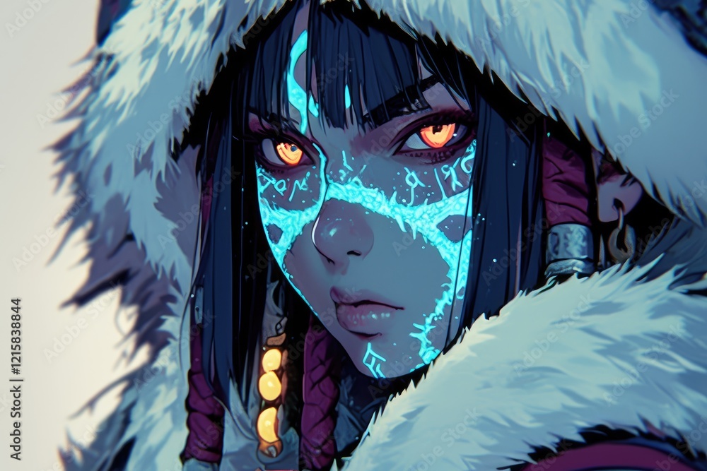 Cryptic markings adorn a hooded female character Stock Illustration ...