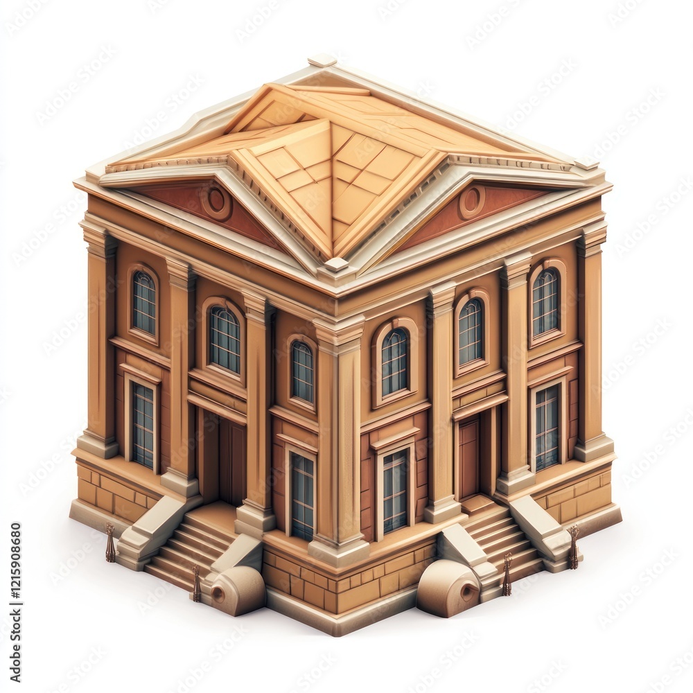 Neoclassical Building Icon: A meticulously detailed isometric illustration of a neoclassical ...