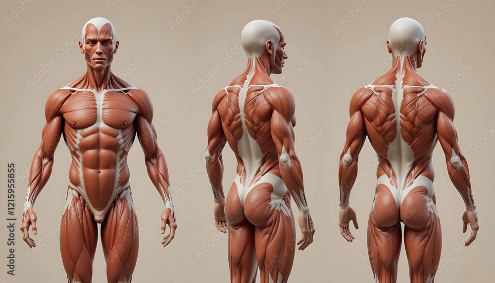Ilustración de Stock Detailed 3D anatomical model of human male musculature, front, back, and ...