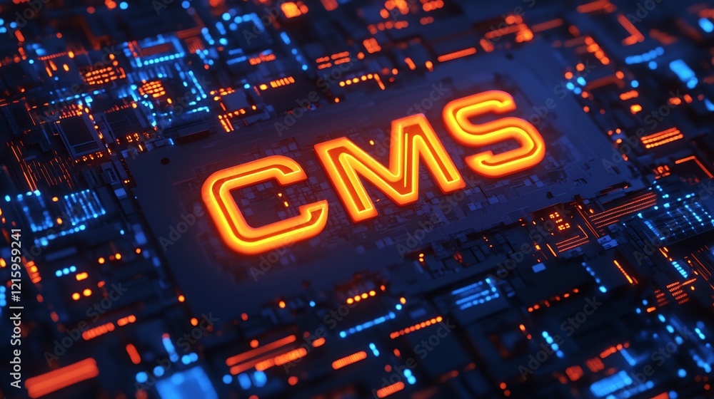 Glowing orange CMS acronym powerfully sits atop intricate circuit board ...
