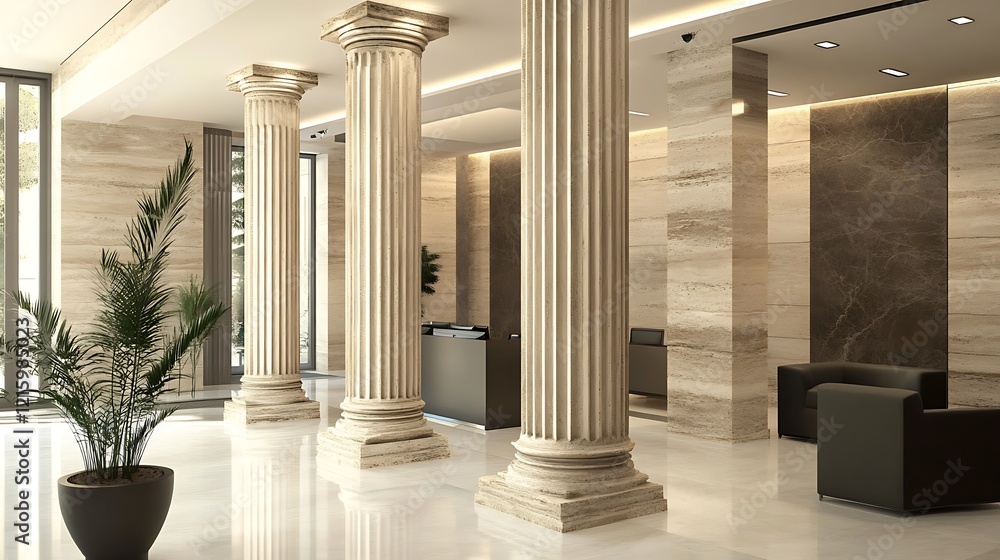 Modern lobby features classic columns, creating an elegant and ...