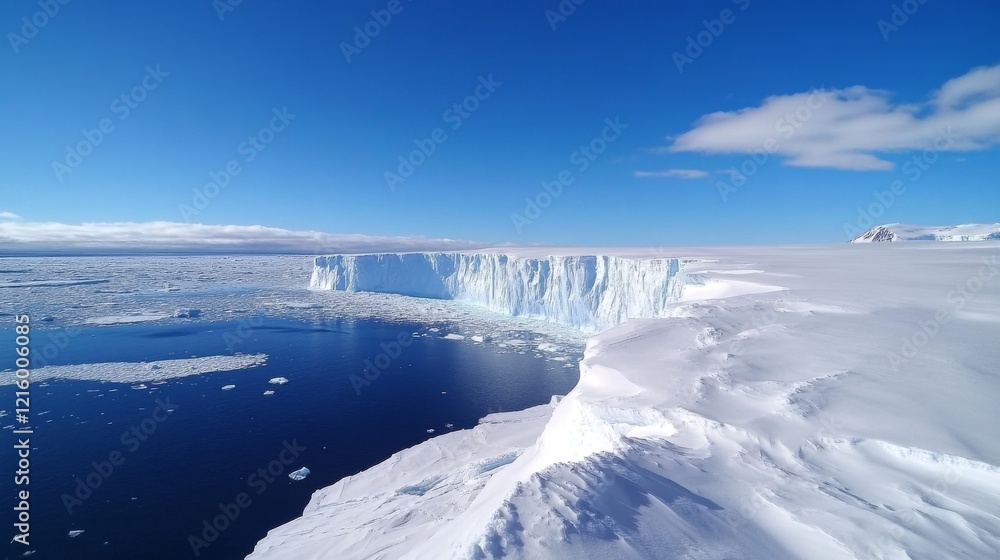 Antarctic glacier cliff aerial view, icebergs floating, clear sky ...