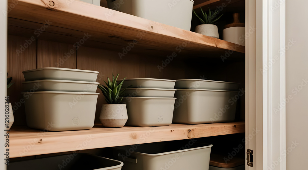 A modern shelving unit displays neatly organized storage containers and ...