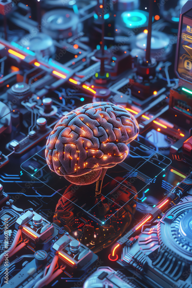 Capture the intricacy of a human brain made of pixel art, surrounded by ...