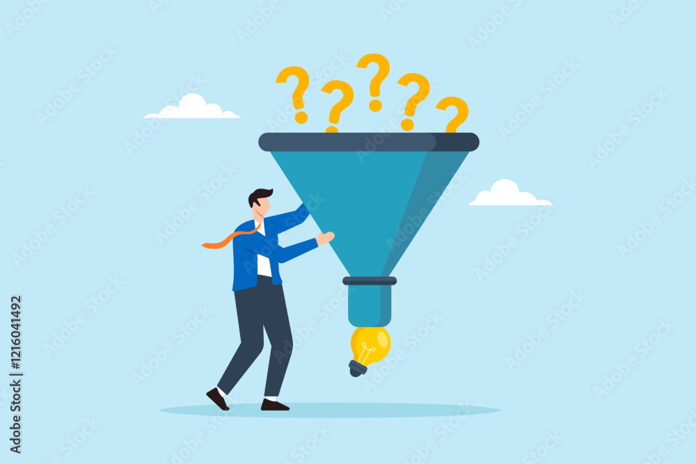 Flat illustration of smart businessman using funnel to filter solution ...