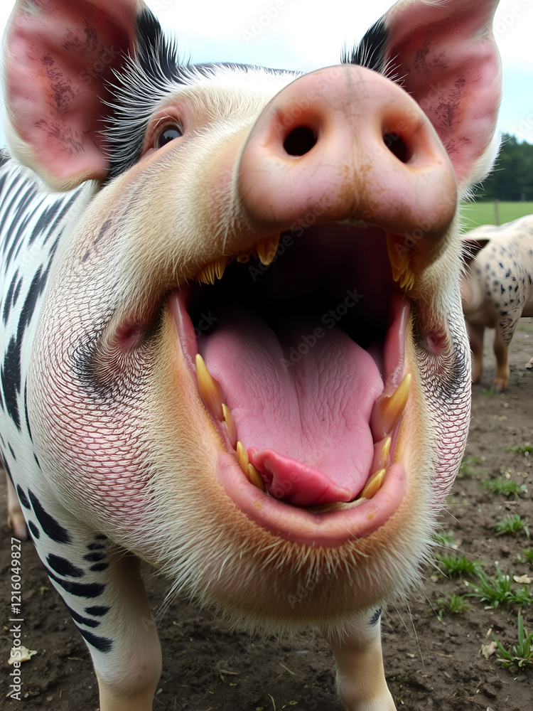 Image of a huge Gloucestershire Old Spots pig with open mouth.Teeth and ...