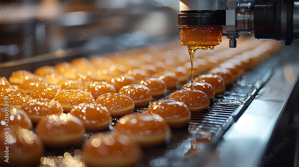 An industrial bakery production line with glazed donuts on a conveyor ...