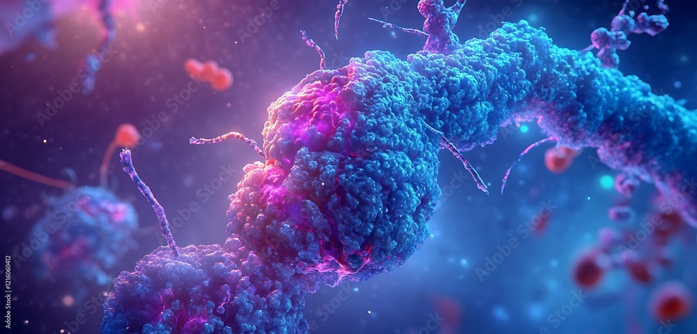 Nucleus of a eukaryotic cell with chromatin strands in a vivid blue and ...