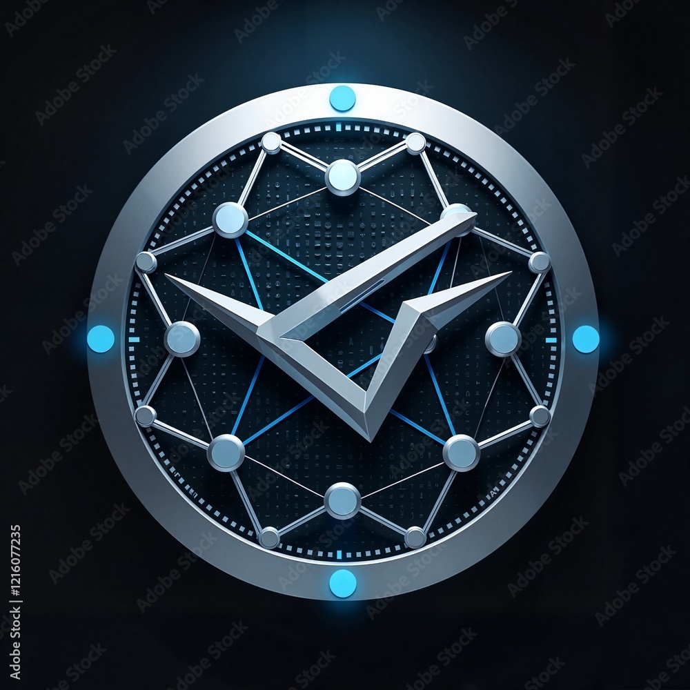 Glowing blue check mark symbol with metallic border on a sleek black ...