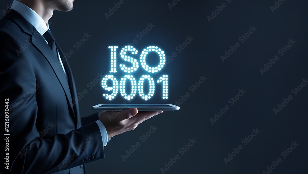 ISO 9001 Concept, Businessman holding a tablet with text iso 9001, ISO ...