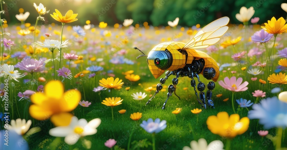 Robotic bee pollinating flowers in empty field, last attempt to restore ...