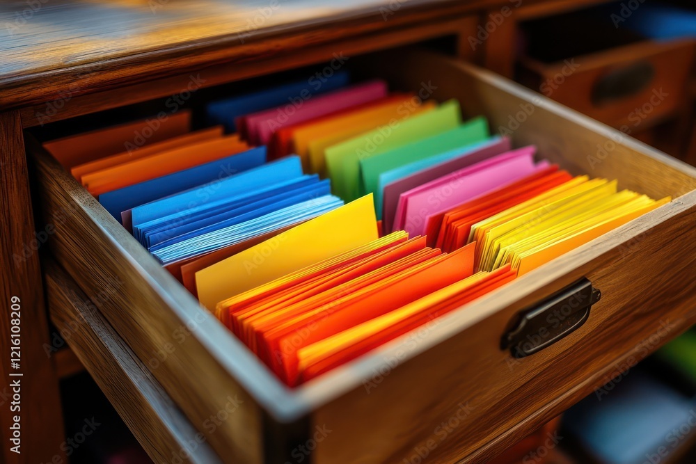An open drawer full of brightly colored sticky notes of various sizes ...