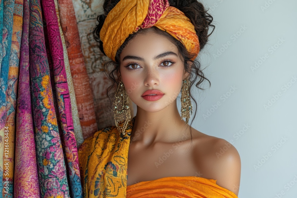 Fashion designer showcasing a culturally inspired outfit, holding ...