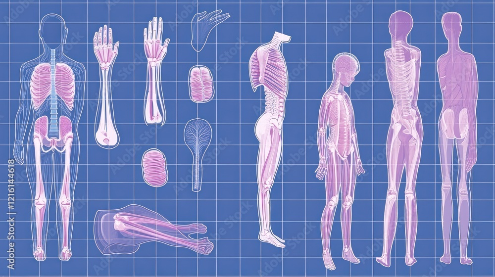 Human Anatomy Diagram Skeletal Muscular System Blueprint Style ...