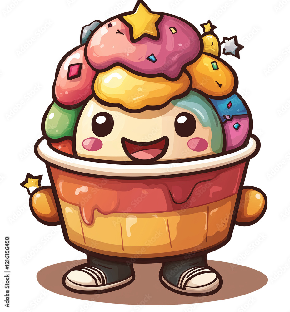 Kawaii ice cream sundae character with colorful scoops, smiling face ...