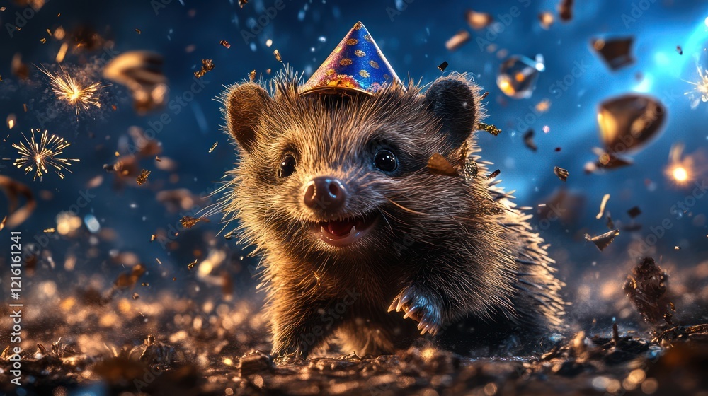 Cute Hedgehog Celebrating New Year's Eve with Fireworks and Party Hat ...