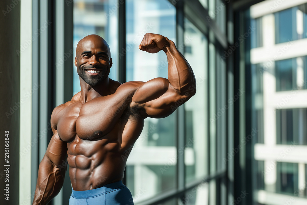 Foto de Stock man with a big smile on his face is flexing his bicep. He ...