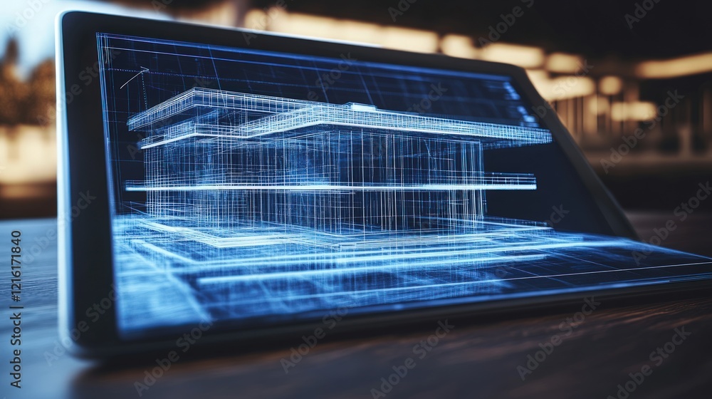 Digital Blueprint Displays Modern House Design On Tablet Stock ...