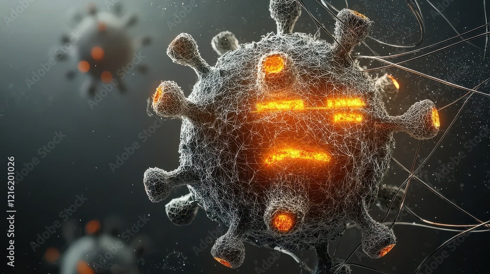 Illuminated model of hmpv virus structure displayed against standard ...