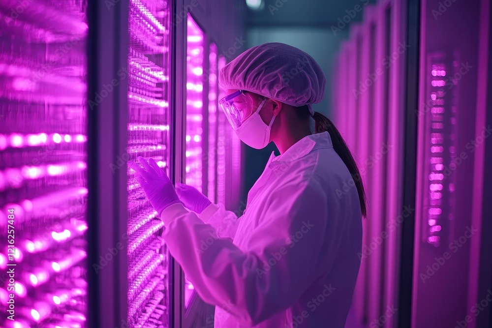 Scientist in PPE inspecting glowing test tubes. Image depicts modern ...