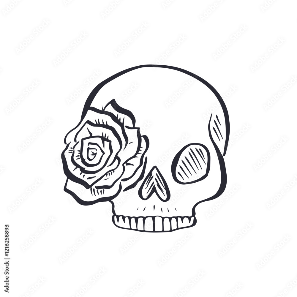 Hand drawn inky floral human skull with rose in the eye sketch isolated ...