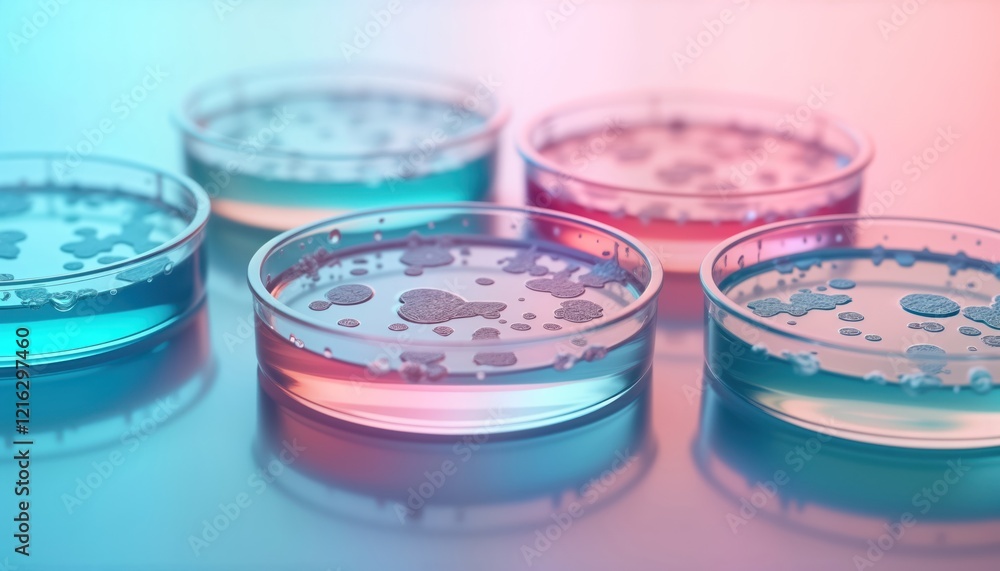 Abstract lab petri dishes with bacterial colonies. Colorful liquid in ...