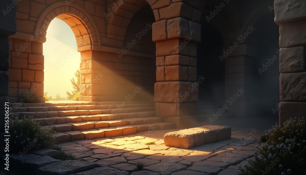 Ancient stone structure shows sunrise. Sunlight streams into tomb ...