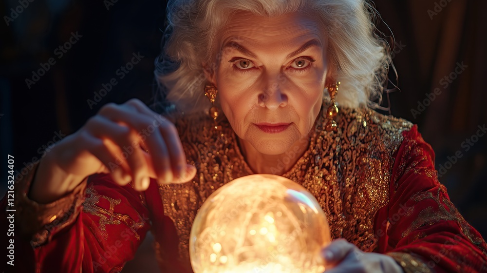An old woman conjures up images in the crystal ball and makes a ...