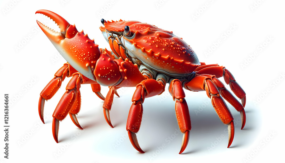 Food A side-view of a bright orange-red crab, with one claw raised ...