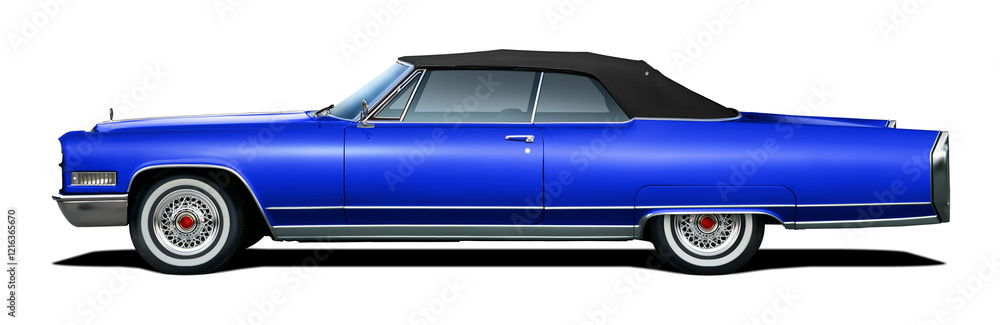 Large dark blue vintage American convertible. Side view with black soft ...