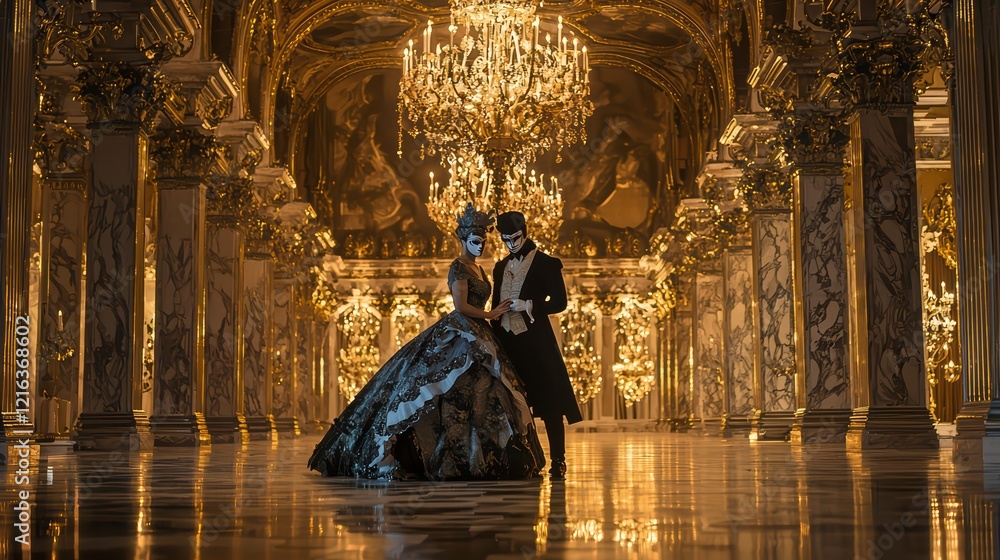 Masquerade Ball Romance: A couple in elegant masquerade attire stands ...