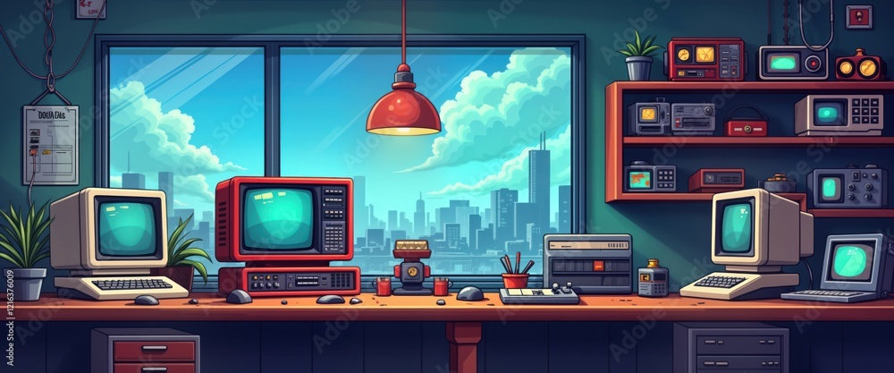 Retro tech room with vintage computers and tech devices. Nostalgic ...