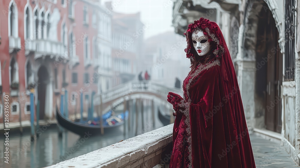 Venetian Mystery: A masked figure shrouded in a crimson cloak stands ...