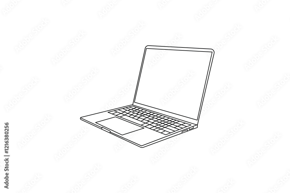Continuous sketch of a laptop computer line art design with open screen ...