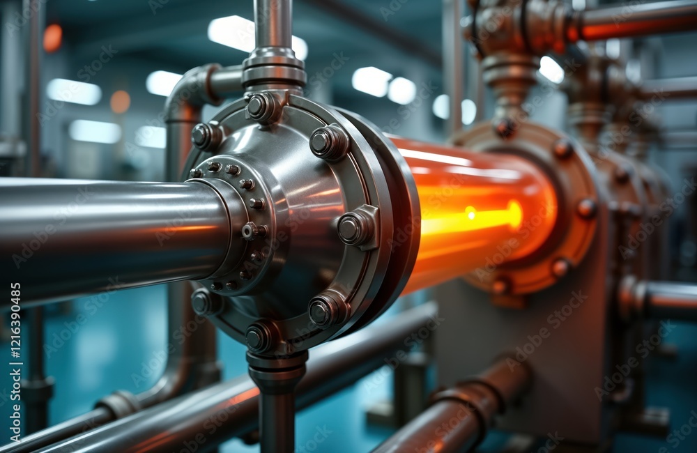 Industrial process heat exchanger part shows stainless steel pipes ...