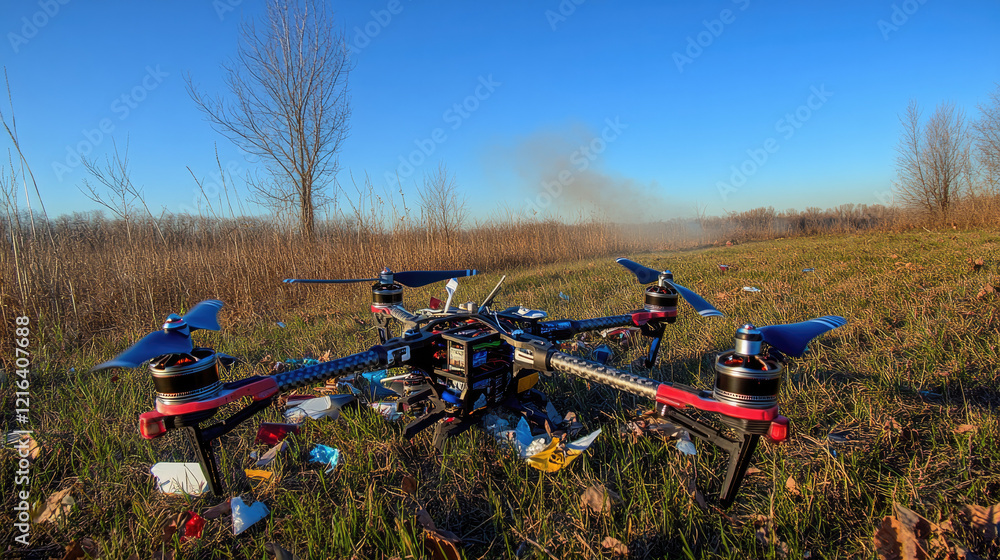 Aerial view of a crashed drone in a grassy field with scattered debris ...