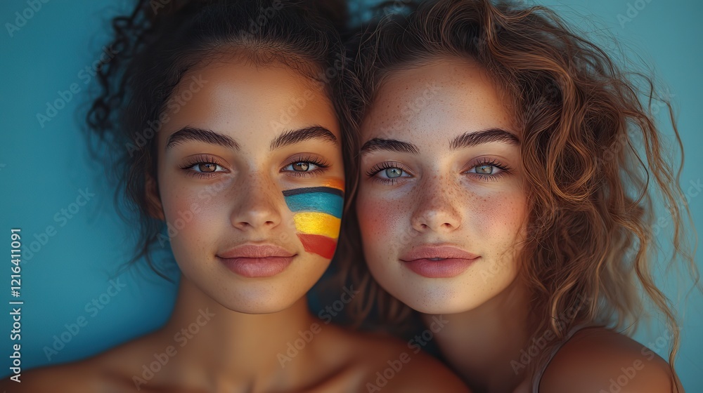 Two young women with pride flag makeup on their cheeks symbolize LGBTQ ...