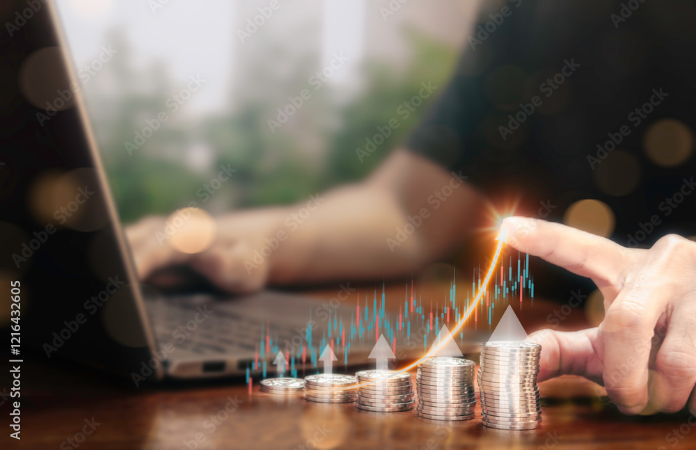 Growth business graph concept. Man analyzes profitability of working ...