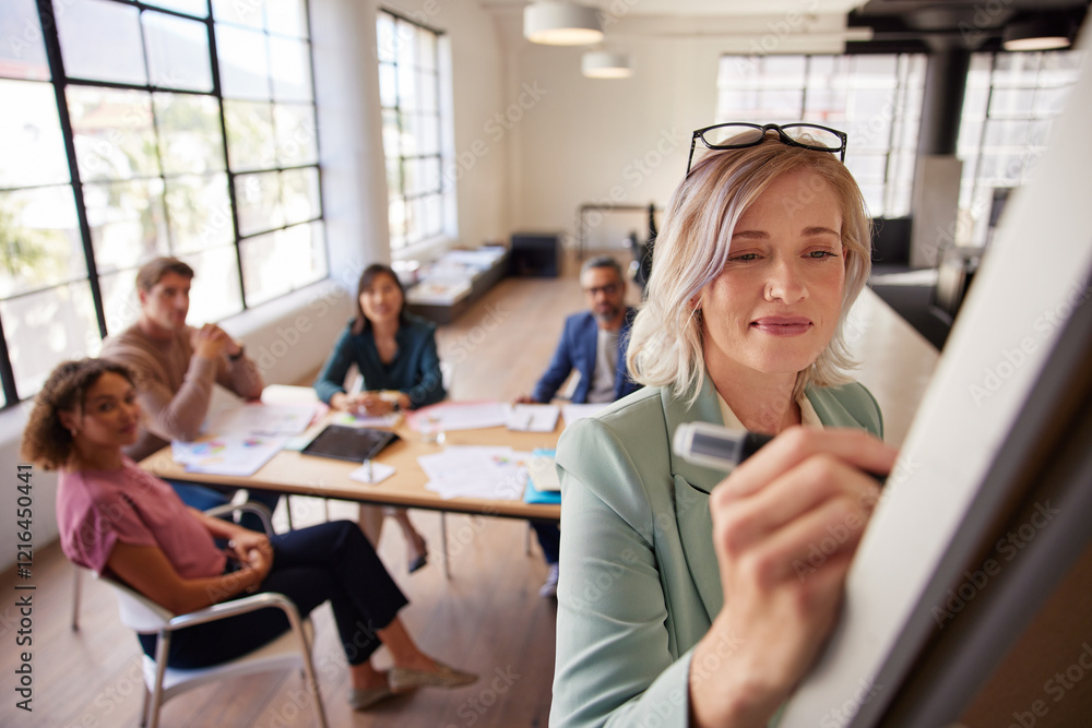 Female team leader presenting ideas on white board Stock Photo | Adobe ...