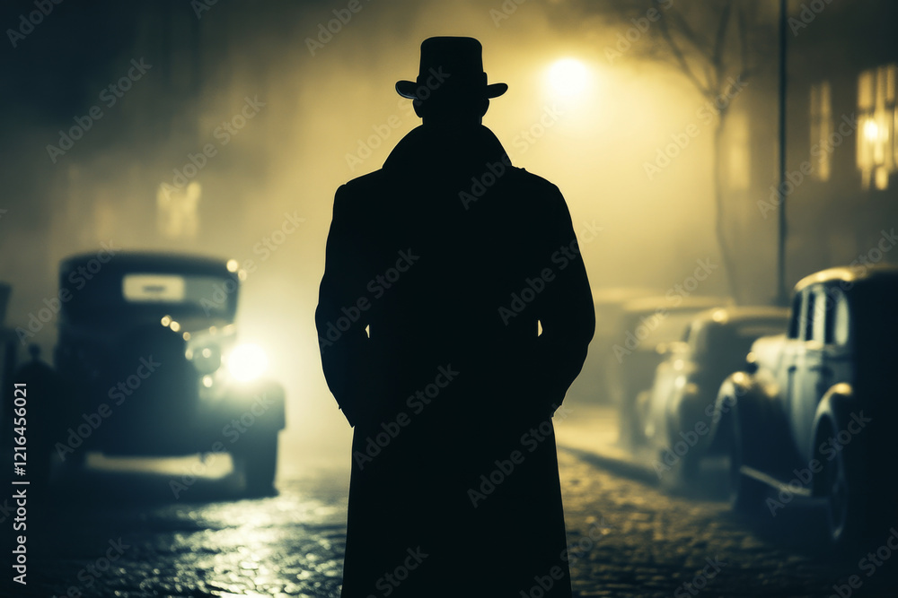 Silhouette of man in hat and coat standing in dark city street with ...