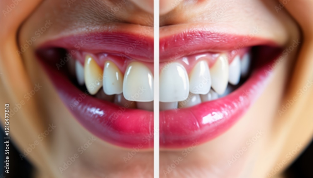 Smiling woman shows teeth whitening results. Before, after comparison ...