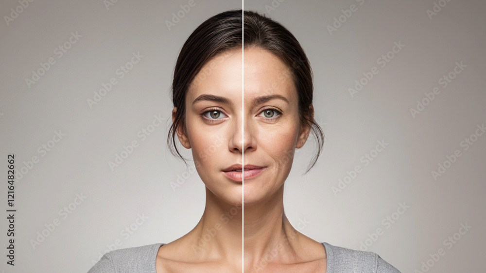 Age comparison concept. Same face portrait young and aged. Face split ...