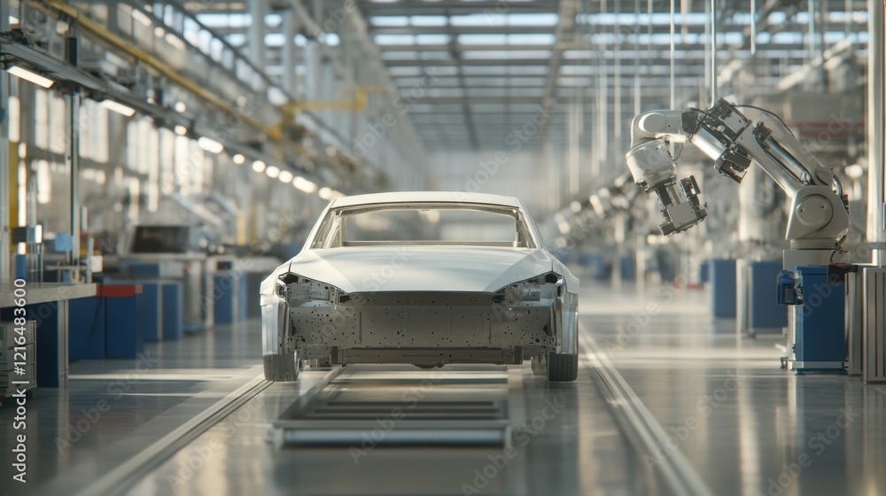 Empty car chassis moving along an assembly line in an automobile ...